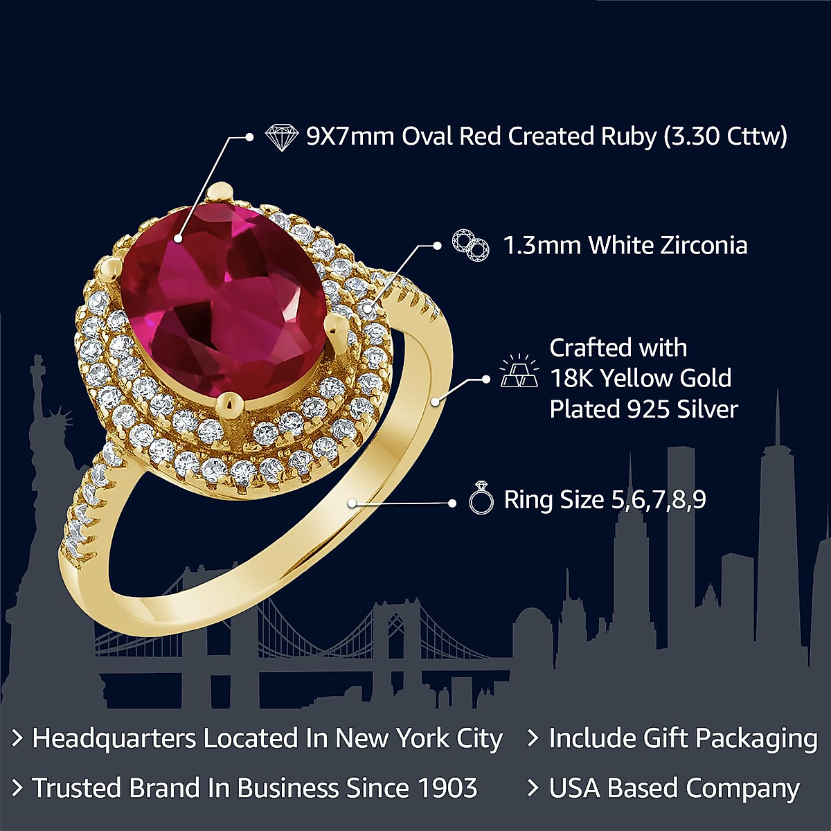 Gem Stone King 18K Yellow Gold Plated Silver Red Created Ruby Ring For Women (3.30 Cttw, Oval 9X7MM, Available in size 5, 6, 7, 8, 9)