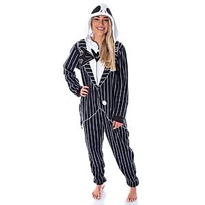 Nightmare Before Christmas Jack Skellington Costume Pinstripe Suit Pajama Outfit One-Piece Union Suit (Large) Black
