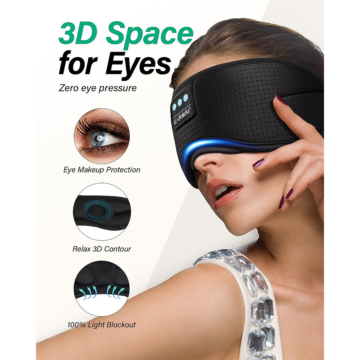 LC-dolida Sleep Headphones, White Noise Bluetooth Sleep Mask 3D Wireless Eye Mask Sleeping with Timing, Sleep Mask with Bluetooth Headphones for Side Sleepers Travel Yoga, Cool Gifts Men Women