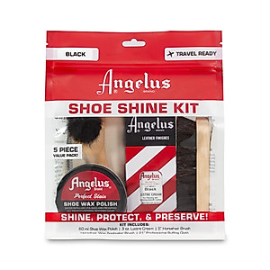 Angelus Shoe Shine Kit, Black- Boot and Shoe Polish Wax, Shoe Cream 3oz, Horsehair Brush, Dauber, and Cloth | 5 Piece Set
