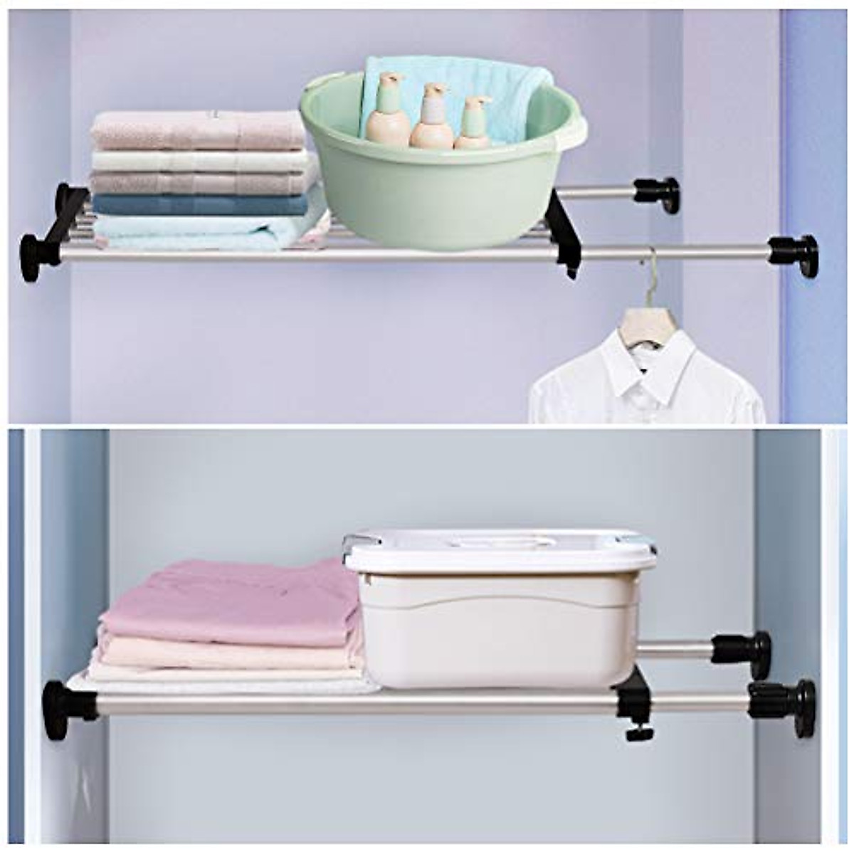 BAOYOUNI Expandable Shelf Closet Tension Rod Adjustable Shelving Unit Storage Rack Organizer Hanger Space Saving Divider for Wardrobe, Cupboard, Kitchen, Bathroom Use, Black