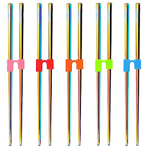 KIDSFANTASY 5 Pairs Non-slip Training Chopsticks Iridescent Chopsticks with Chopstick Helpers Chopsticks Holder for Adult Trainers Beginners(Bright Colors,Stainless Steel)