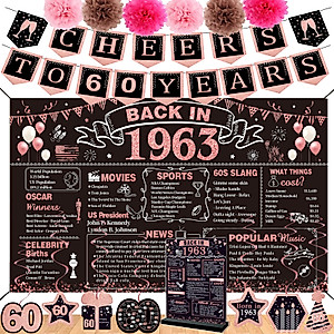 60th Birthday Decorations for Women,16PCS Back in 1963 Banner 60 Year Old Party Decorations,Including Vintage 1963 Banner,1963 Poster Anniversary Card,6 paper Poms,60th Birthday Gifts for Women