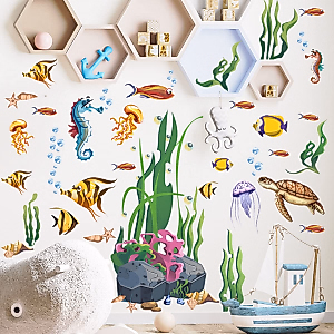 RW-1073 3D Ocean Wall Decals Under The Sea Fish Wall Stickers Ocean Animals Wall Art Decals View Under Sea Removable DIY Stickers for Kids Babys Bedroom Bathroom Living Room Nursery Home Decoration