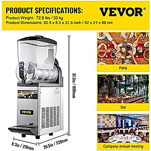 VEVOR Commercial Slushy Machine, 15L Tank Commercial Margarita Machine, 500W Stainless Steel Frozen Drink Machine, Temperature Slush 26.6°F to 28.4°F Margarita Slush Maker, Perfect for Cafes Bars