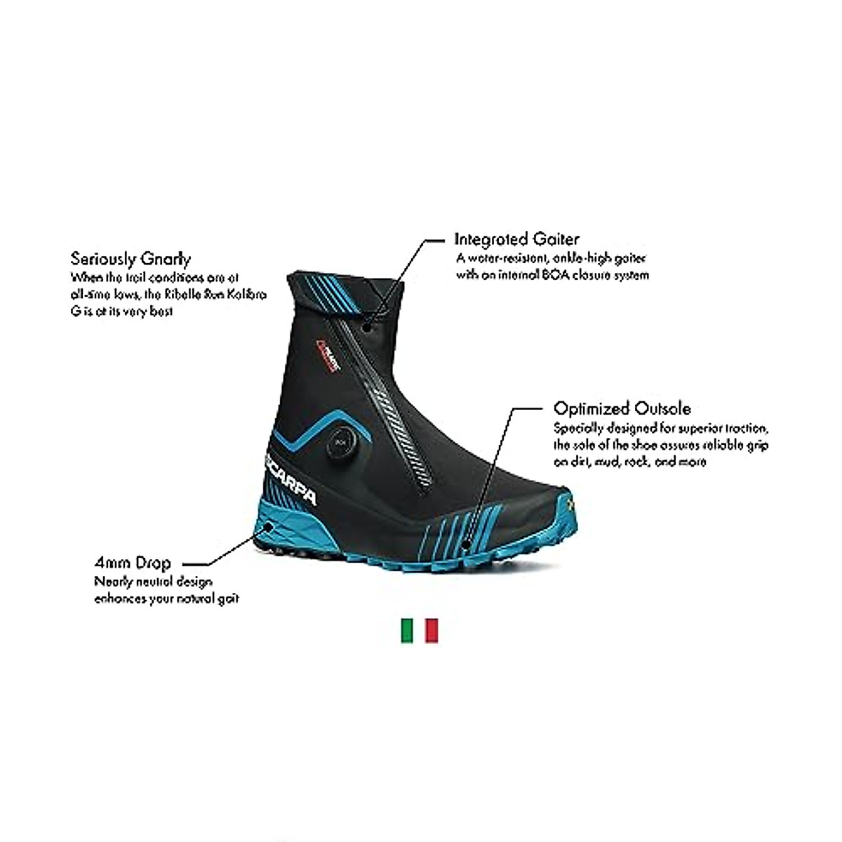 SCARPA Ribelle Run Kalibra G Water-Resistant Trail Shoes with Gaiter for Trail Running and Hiking - Black/Azure - 9-9.5 Women/8-8.5 Men