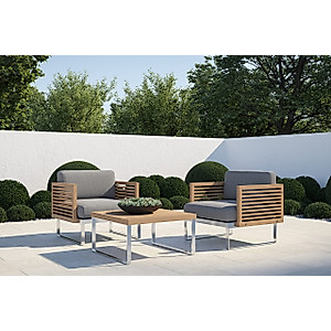 NewAge Products Outdoor Furniture Monterey 3 Piece Chat Set with Coffee Table, Patio Conversation Sets, Aluminum + Teak, Cast Silver, 91210