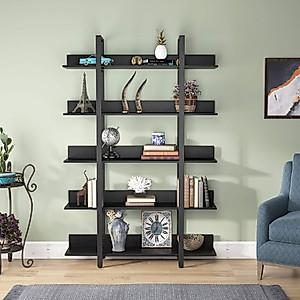 Tribesigns 5 Tiers Bookcase, 5-Shelf Industrial Style Etagere Bookcases and Book Shelves, Metal and Wood Free Vintage Bookshelf with Back Fence, Black