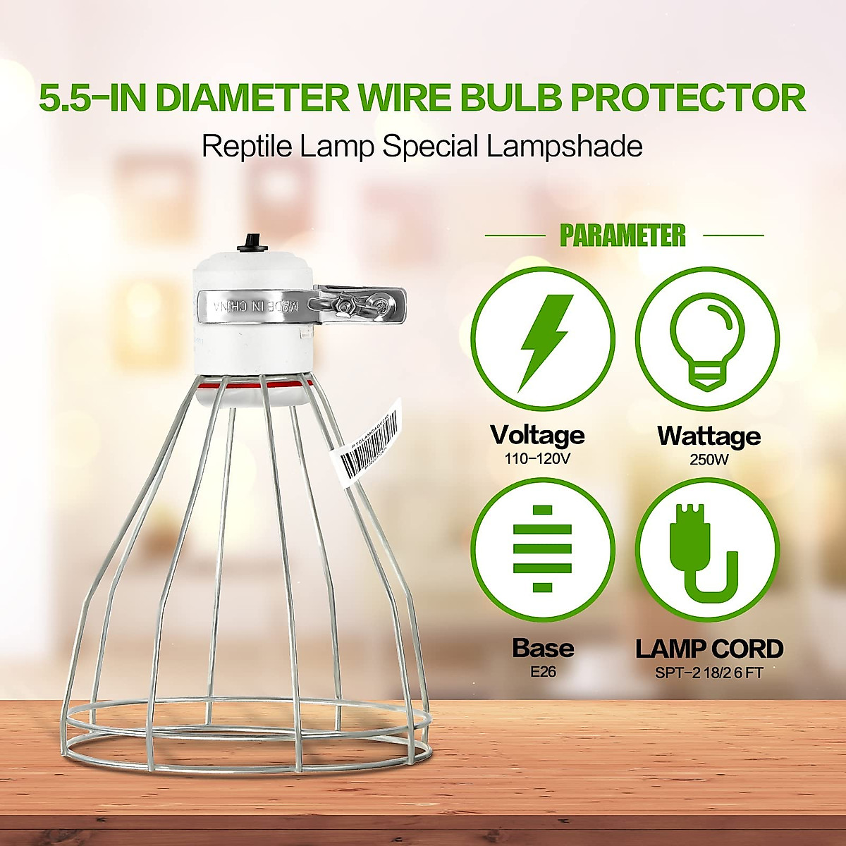 Simple Deluxe Clamp Lamp Light with Steel Cage Wire Grillup and 150W Reptile Ceramic Heat Bulb, E26 Socket, 6' Cord for Amphibian Pet & Incubating Chicken,Silver