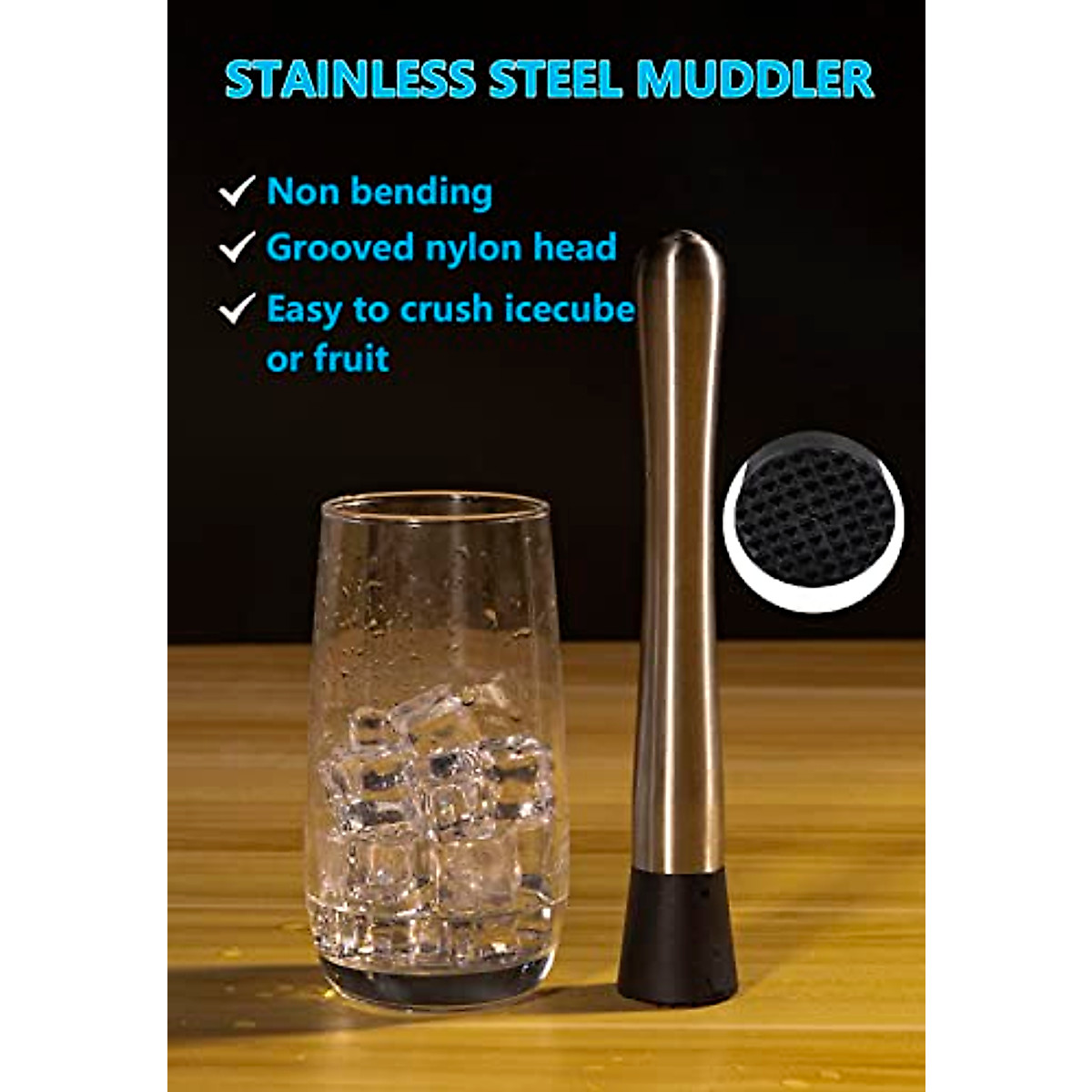 Ortarco 10 Inch Stainless Steel Muddler for Cocktail and 10 Inch Mixing Bar Spoon, 2 Pices Home Bar Tool Set