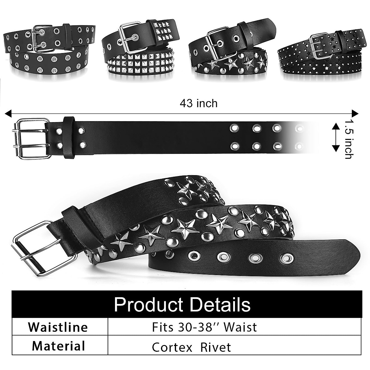 Olutacot 4 Piece Studded Rivet Double Grommet Belt Set - Faux Leather Gothic Goth Black - Punk Style Accessories for Men Women - Ideal Gift