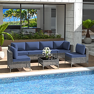 Piltwoff Patio Furniture Set,7 Piece Outdoor Sectional Sofa, Open-Weave Wicker Patio Conversation Sets with Navy Cushions & Glass Coffee Table for Balcony Porch Pool Deck,Grey Rattan