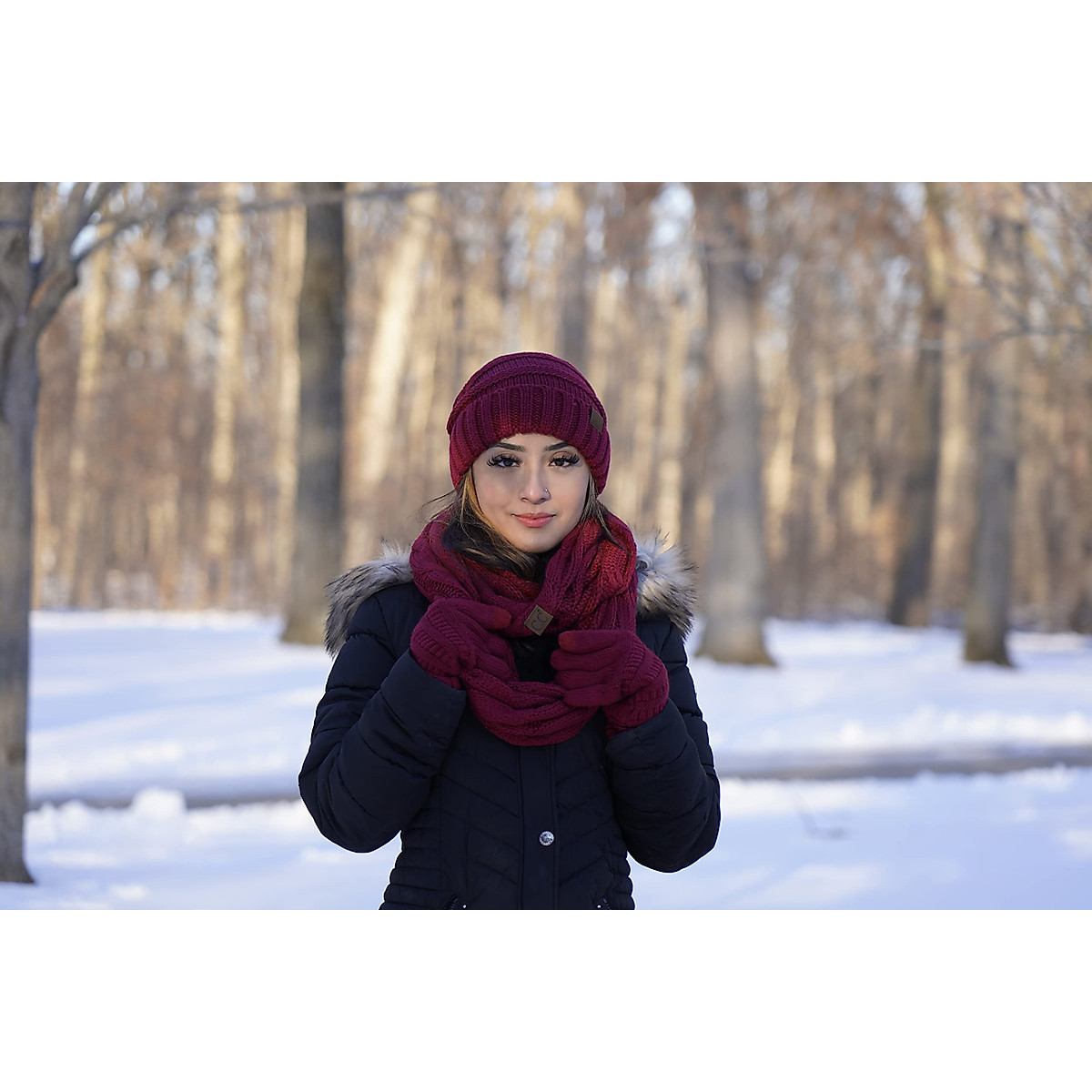 Funky Junque Oversized Beanie, Glove, & Scarf Bundle: Violet