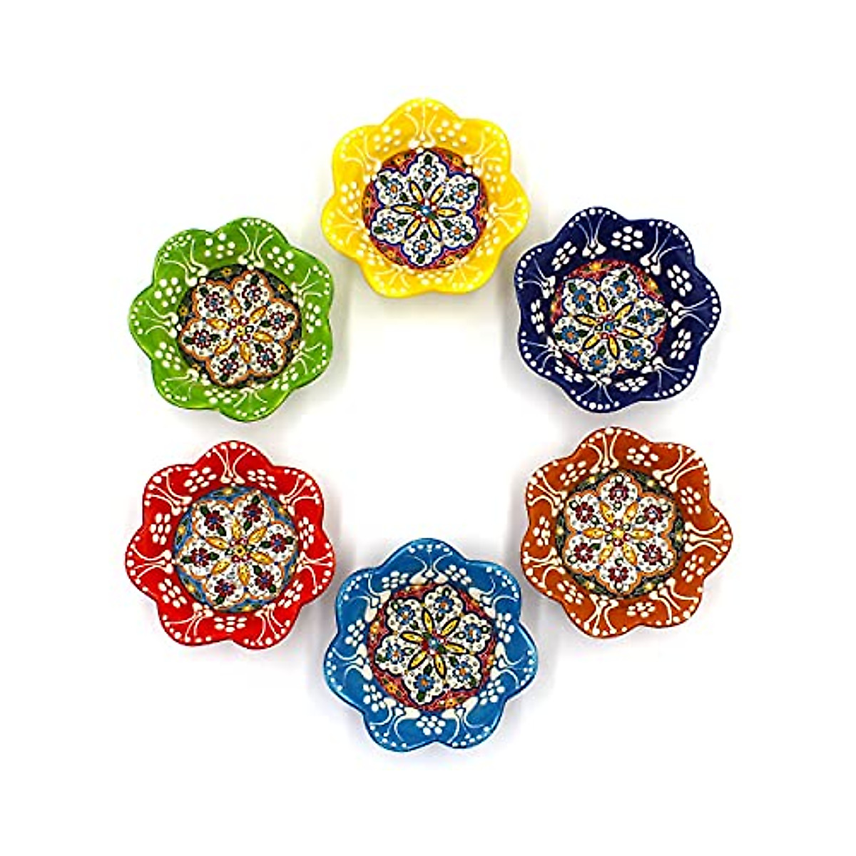 Silver Craft 6 Pcs Daisy Shaped Hand Painted Decorative Serving Turkish Tiny Bowls - Handmade Ceramic Bowl - Set of 6 (3.7 inc/9.5cm) 2.5 Oz Pinch Multicolor Small Serving Bowls - Best Gift Set