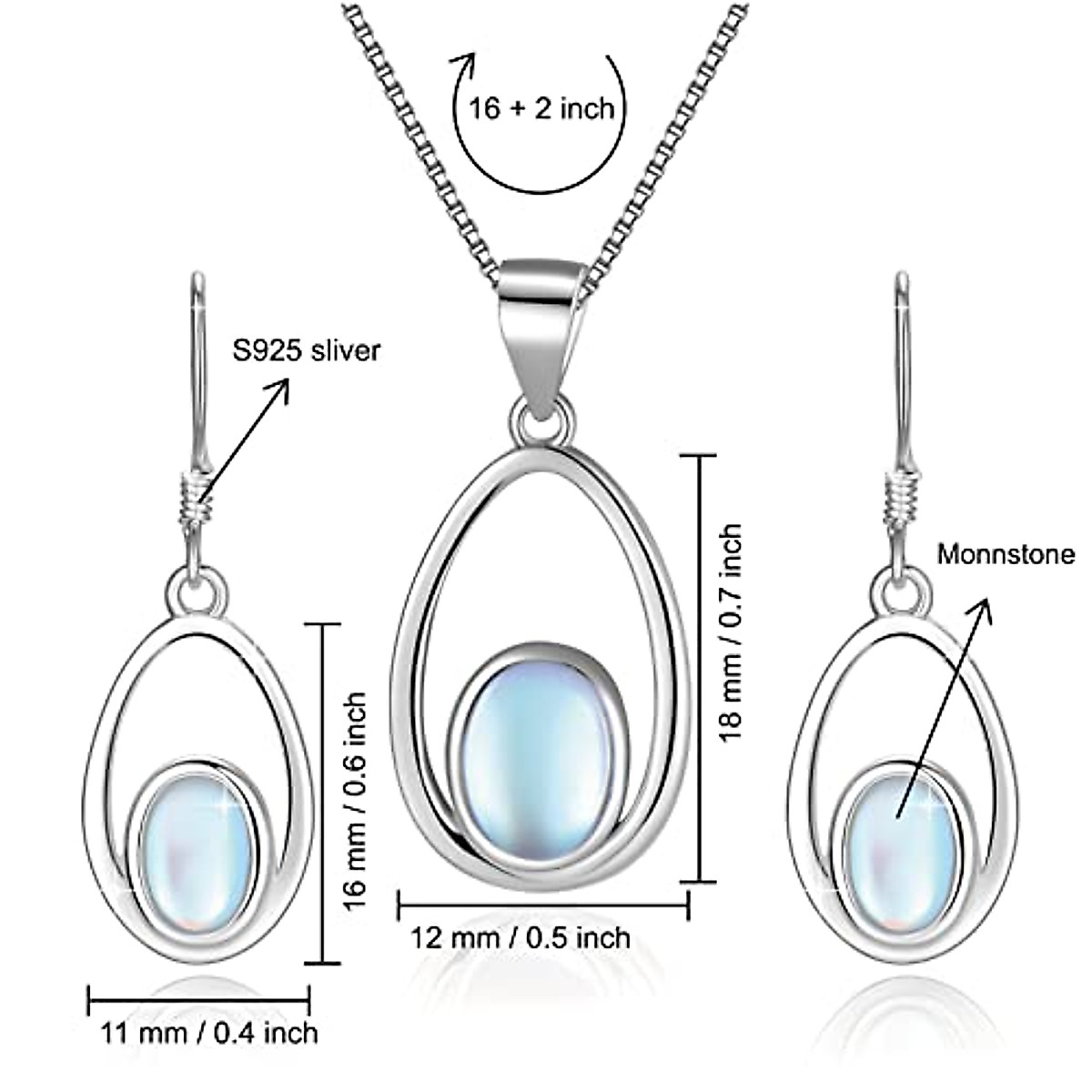 YZSFMZGE Moonstone 925 Sterling Silver Earring And Necklace Jewelry Set For Women Moonstone Jewelry Sets for Women Girls Gifts