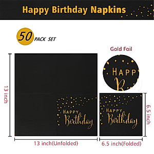DYLIVeS Happy Birthday Napkins, Black and Gold Foil Dots Napkins Disposable Paper Napkins for Dinner Picnic Cocktail Birthday Party Supplies Decorations for Boy Man, 6.5 x 6.5 Inch (Pack of 50)
