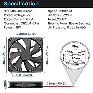 Wathai 140mm Case Fan 12V DC Brushless High Performance Cooling Fan 140x25mm
