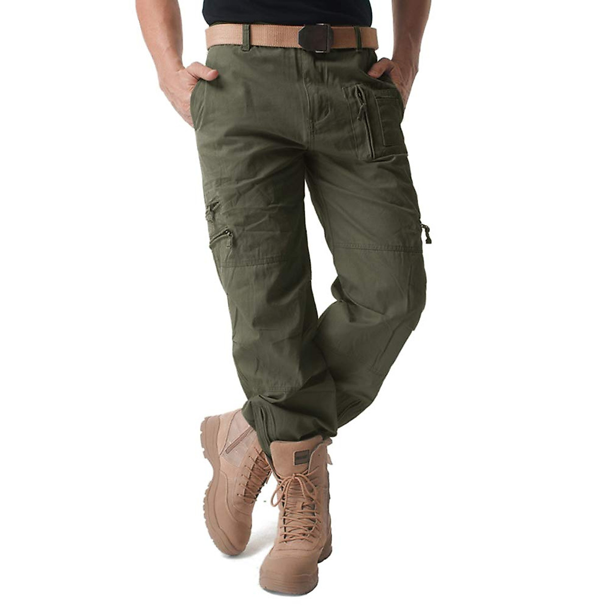 CRYSULLY Men's Casual Trousers Cotton Wild Cargo Pant Combat Wear Work Pants with Zipper Assault Pants Army Green