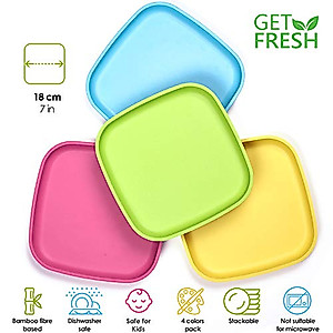 Bamboo Kids Plates, 4 Pack Set, Stackable Bamboo Dinnerware for Kids, Bamboo Fiber Kids Plates Set, Dinner Dish Set for Kids and Toddlers, Dishwasher Safe and Stackable