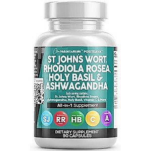 Clean Nutraceuticals St Johns Wort 10000mg Rhodiola Rosea 20000mg Holy Basil 3000mg Ashwagandha 6000mg - Mood Support for Women and Men with Vitamin C & Black Pepper Extract - 90 Caps