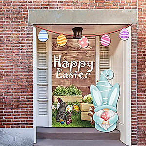 ZDX Happy Easter Door Banner Rustic Wooden Floor Banner Spring Bunny Egg Flower Rustic Farmhouse Easter Party Backdrops Door Banner