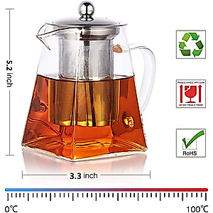 Aottop Square Glass Teapot with Infuser, 500 ml Borosilicate Tea Pot with Strainer, Clear Leaf Tea Pots for Loose Tea (500ML)