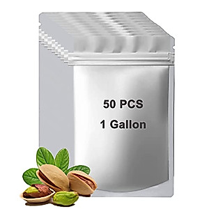 50 Pcs Mylar Bags 1 Gallon for Food Storage, Extra Thick 9.4 Mil 9.8'' x 13.8'' Standable Resealable Ziplock Food Grade Bags for Packaging Food, Coffee Beans, tea, grains, etc Products