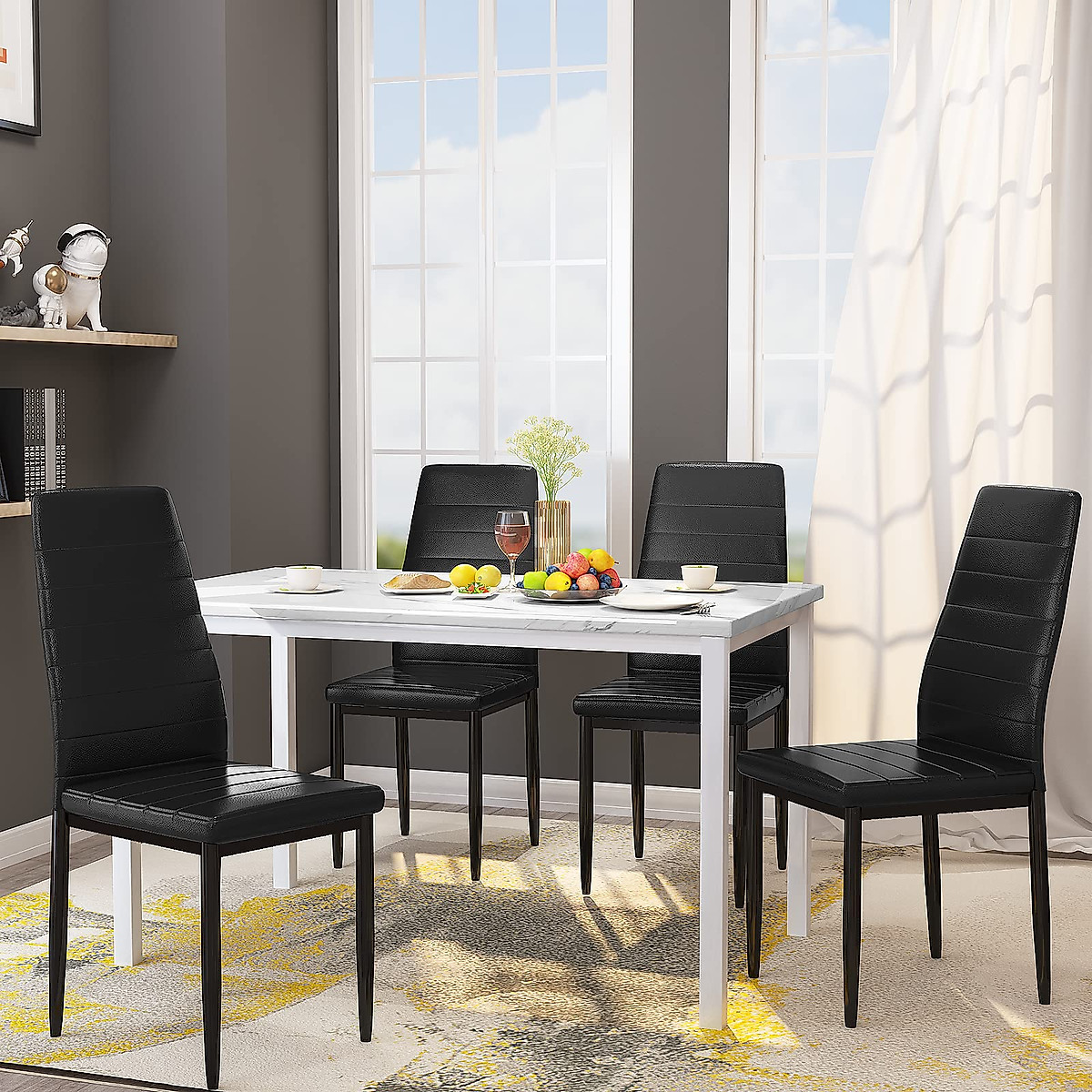 Lamerge Dining Table Set for 4, Marble Kitchen Table and Chairs for 4, Comfortable PU Leather Chairs,Dining RoomTable Set for Small Space,Living Room, Breakfast Nook,Black+White
