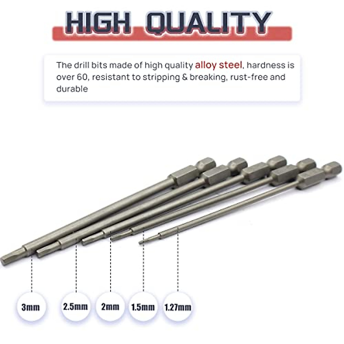 HOPLEX 5PCS RC Hex Bit 1.27mm 1.5mm 2.0mm 2.5mm 3.0mm Hex Head Allen Wrench Drill Bit Set for Screwdrivers Electric Screwgun/Power Drill