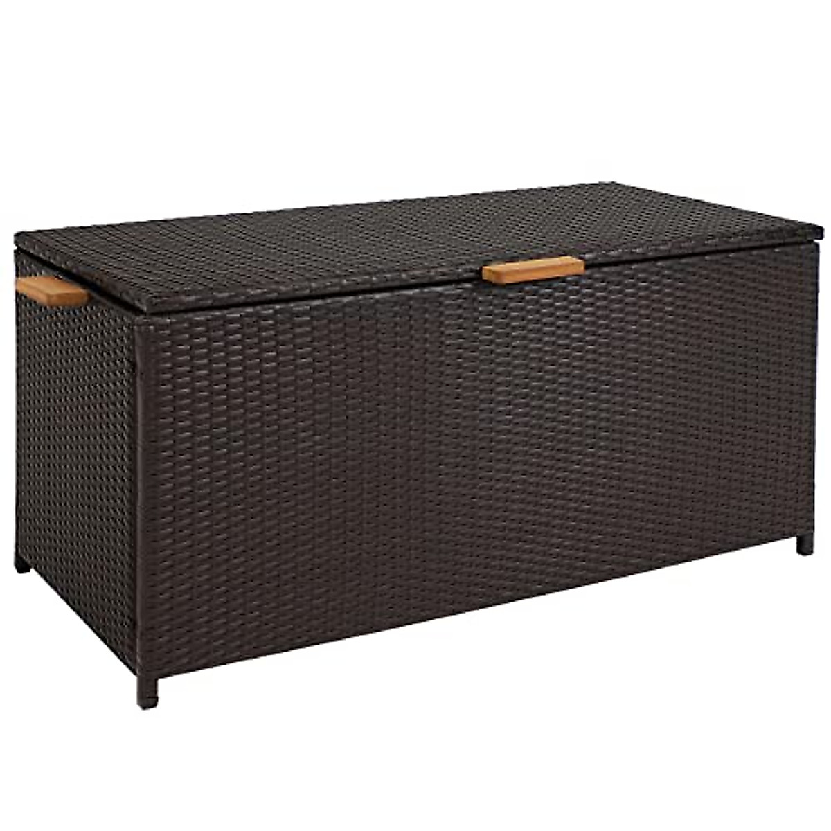 Sunnydaze Faux Wicker Outdoor Deck Storage Box with Acacia Wood Handles - 75-Gallon Patio Cushion Storage Bin with Hinged Lid - Organizer for Garage, Lawn, Pool, Porch and Garden - Brown