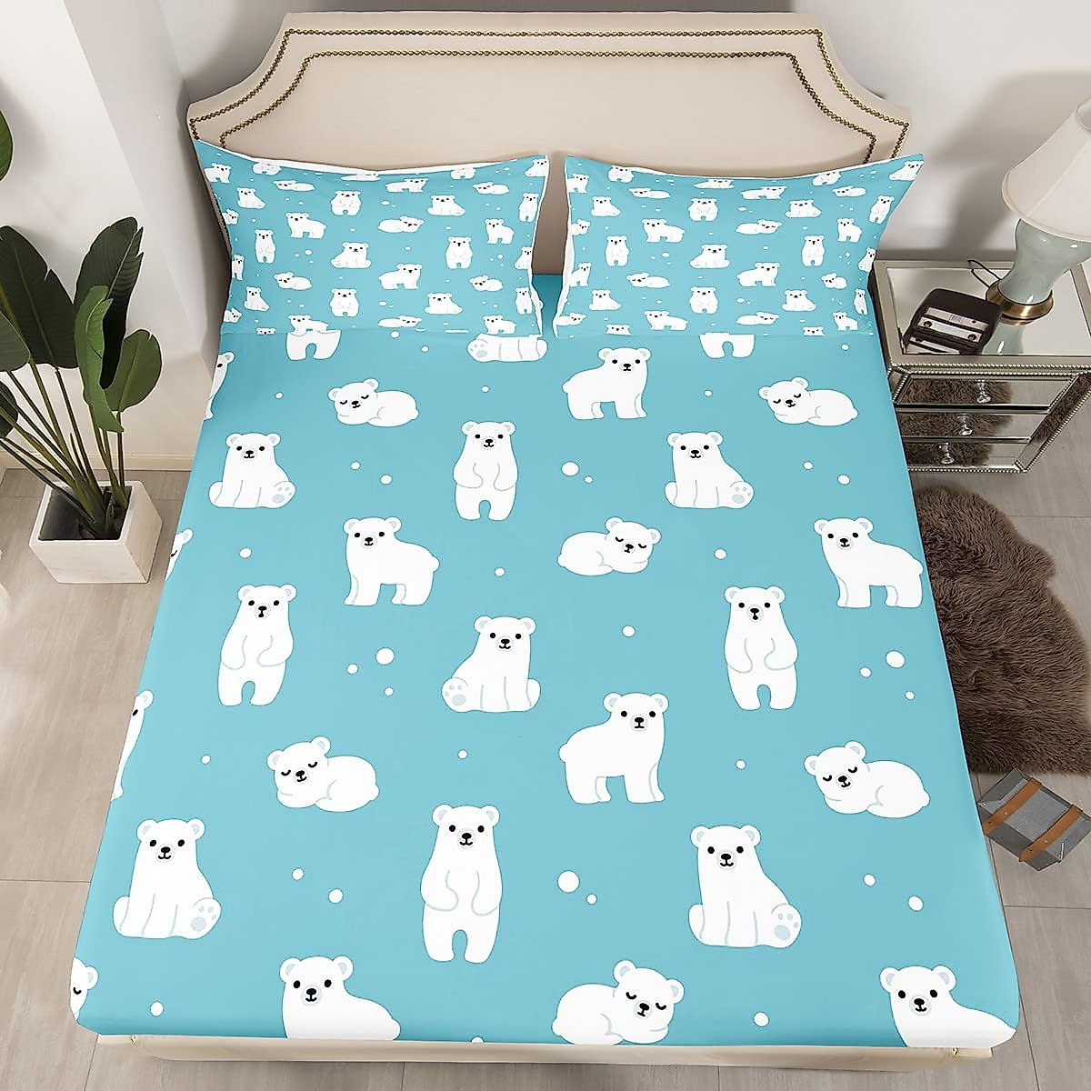 Erosebridal Polar Bear Sheet Set Twin Size White Bear Bed Sheets Animal Pattern Bear Printed Fitted Sheet Soft Microfiber Luxury Style Flat Sheet for Teens Kids Blue Animal Decor,Soft Cozy