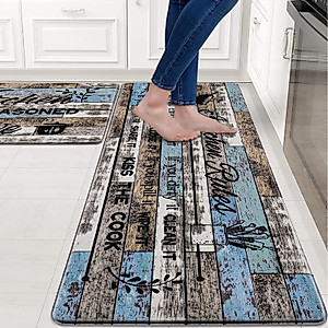 ASPMIZ Farmhouse Kitchen Rugs 2 Piece Anti Fatigue Kitchen Mats for Floor, PVC Memory Foam Kitchen Rug Waterproof, Non Slip Cushioned Comfort Mat for Standing, 18'' x 48'' + 18'' x 30'', Rustic Wooden