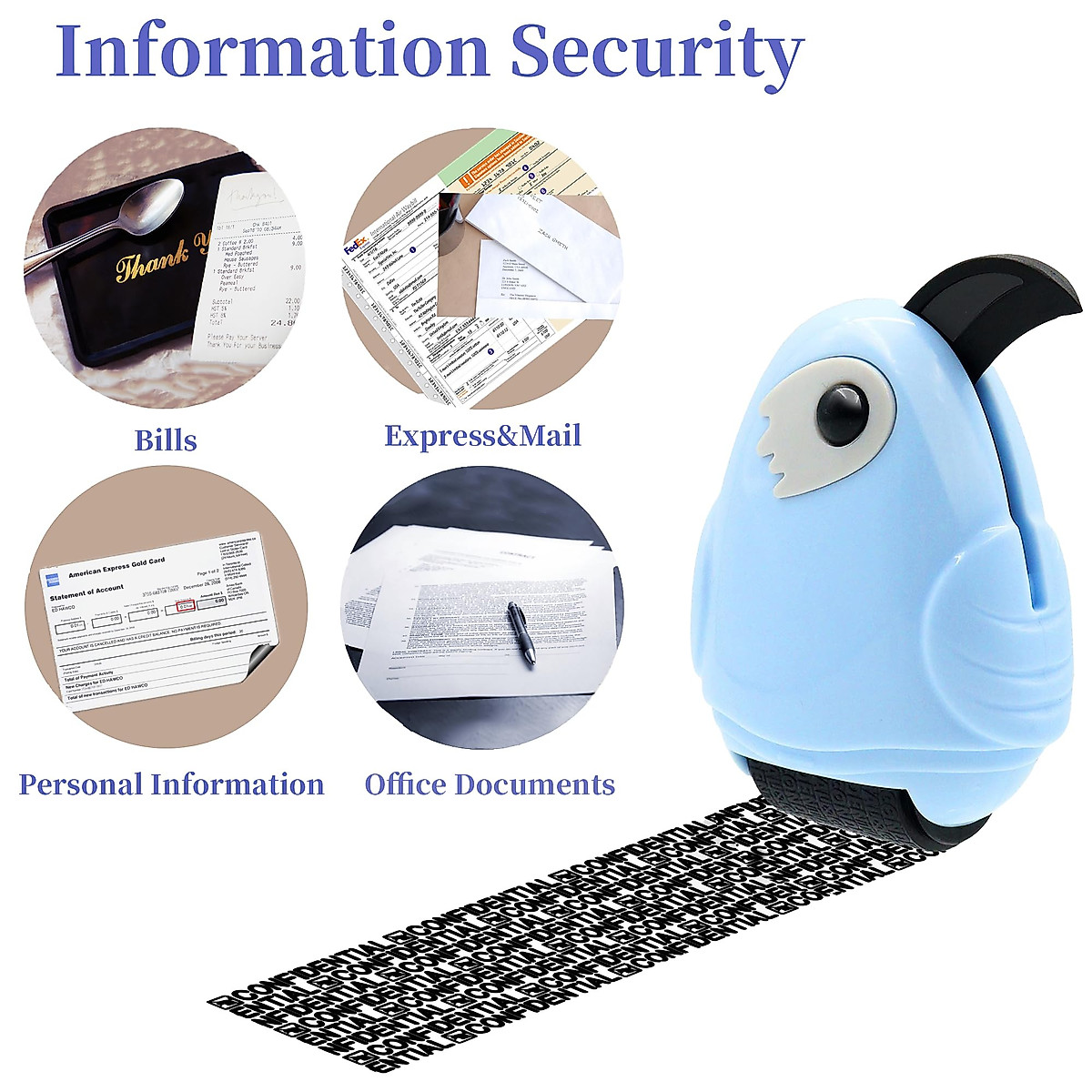 VOLOUROU Identity Theft Protection Roller Stamp with Box Opener, Id Police Stamp Roller Including 3 pack Refills Ink, Confidential Roller Stamp for ID Blackout Privacy Security(Blue)