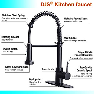 DJS Kitchen Faucets with Pull Down Sprayer Matte Black -【Dual Mode Setting】Single Handle 1 or 3 Holes Commercial Spring Kitchen Sink Faucet with Deck Plate for Farmhouse RV Vessel Basin