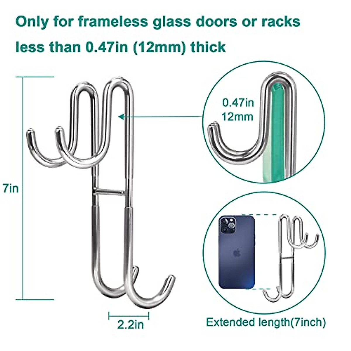 Haitis Shower Door Hooks, Extended Towel Hooks for Bathroom Frameless Glass Shower Door to Hand Suits, Robe, Towel, Squeegee, Loofah, Shaver 2 Pack Silver