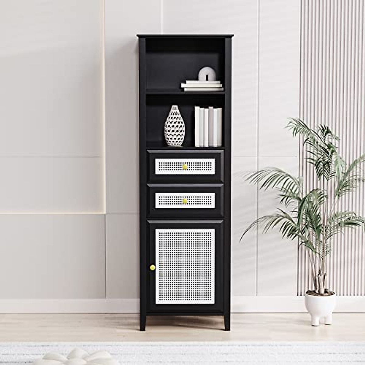 OPTOUGH Boho Style Slim Tall Storage Narrow Bathroom Corner Rattan Door Mid Century Modern Tower Freestanding Cabinet Organizer with Metal Handles for Kitchen, Living Room, Bedroom, Black
