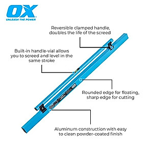 OX TOOLS Pro Series 96-Inch Concrete Screed with Leveling Vial | Aluminum | Lightweight & Reversable Handle | Screed for Cutting and Smoothing | 8' Concrete Screed