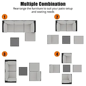 5 Pieces Patio Furniture Sets, All Weather Outdoor Sectional Patio Sofa, Rattan Wicker Conversation Sofa Set, Manual Weaving Sectional Patio Sofa with Cushion and Glass Table for Balcony, Garden, Gray