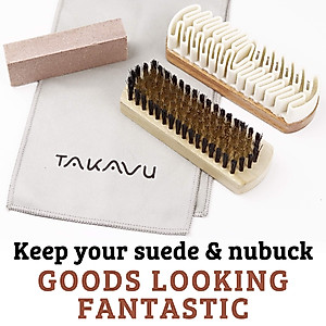 TAKAVU Premium Suede & Nubuck Cleaning Kit - Crepe Brush, Brass Bristle Brush, Microfiber Towel Cloth, Cleaning Block Eraser for Shoes, Boots