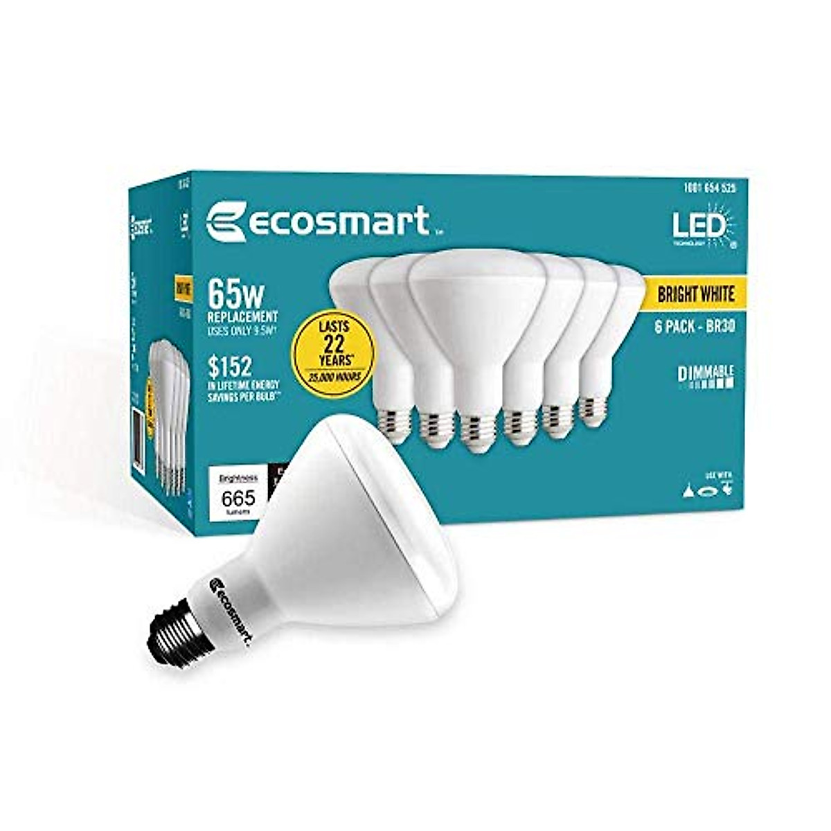 Ecosmart Bright White LED BR30 Dimmable Flood Bulb, 65W Replacement, 9 Watt, 655 Lumens - 3000K - Indoor/Outdoor Rated (6-Pack)