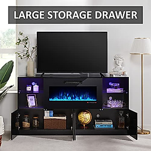 Amerlife 68" TV Stand with 40" Electric Fireplace, Modern High Gloss Media Entertainment Center with LED Lights for TVs up to 78", TV Console Cabinet with Glass Shelves Lower Storage, Black