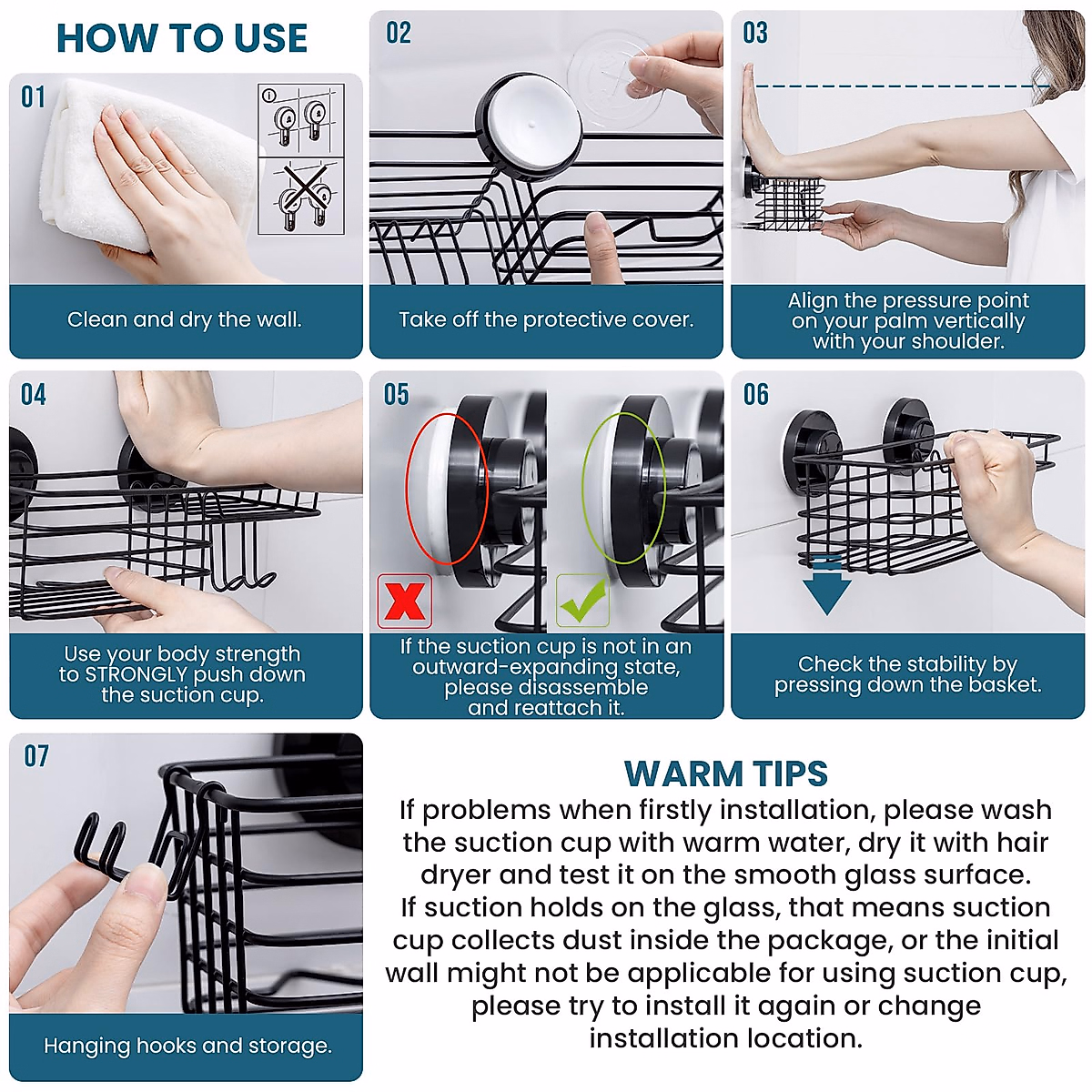 TAILI Shower Caddy Suction Cup with Hooks & Soap holder, Heavy Duty Bathroom Shower Organizer, No Drilling Shower Shelf for Inside Shower, Stainless Steel Black Shower holder organizer