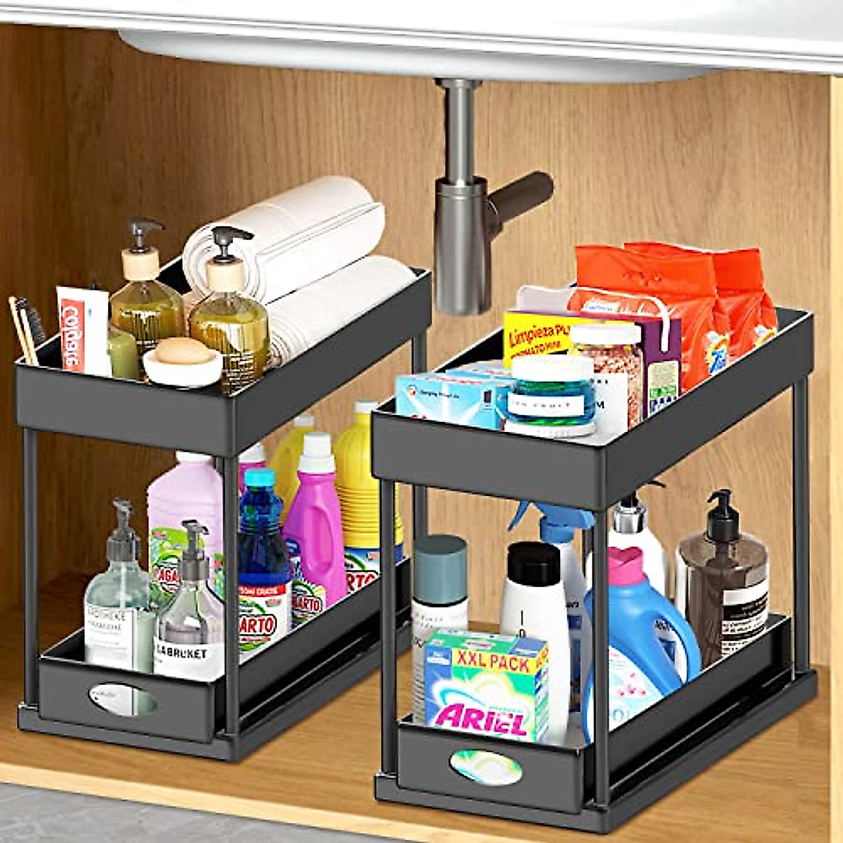 EARTHALL Under Sink Organizers And Storage, 2 Pack Sliding Cabinet Basket Organizer Drawers With Hooks And Bendable Brush, Under Bathroom Sink Organizer Cleaning Supplies Organizer