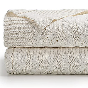 Carriediosa White Knit Throw Blanket for Couch, Chenille Chunky Cable Knitted Soft Cozy Decorative Lightweight Blanket for Bed Sofa and Chair (Cream White 50" x 60")