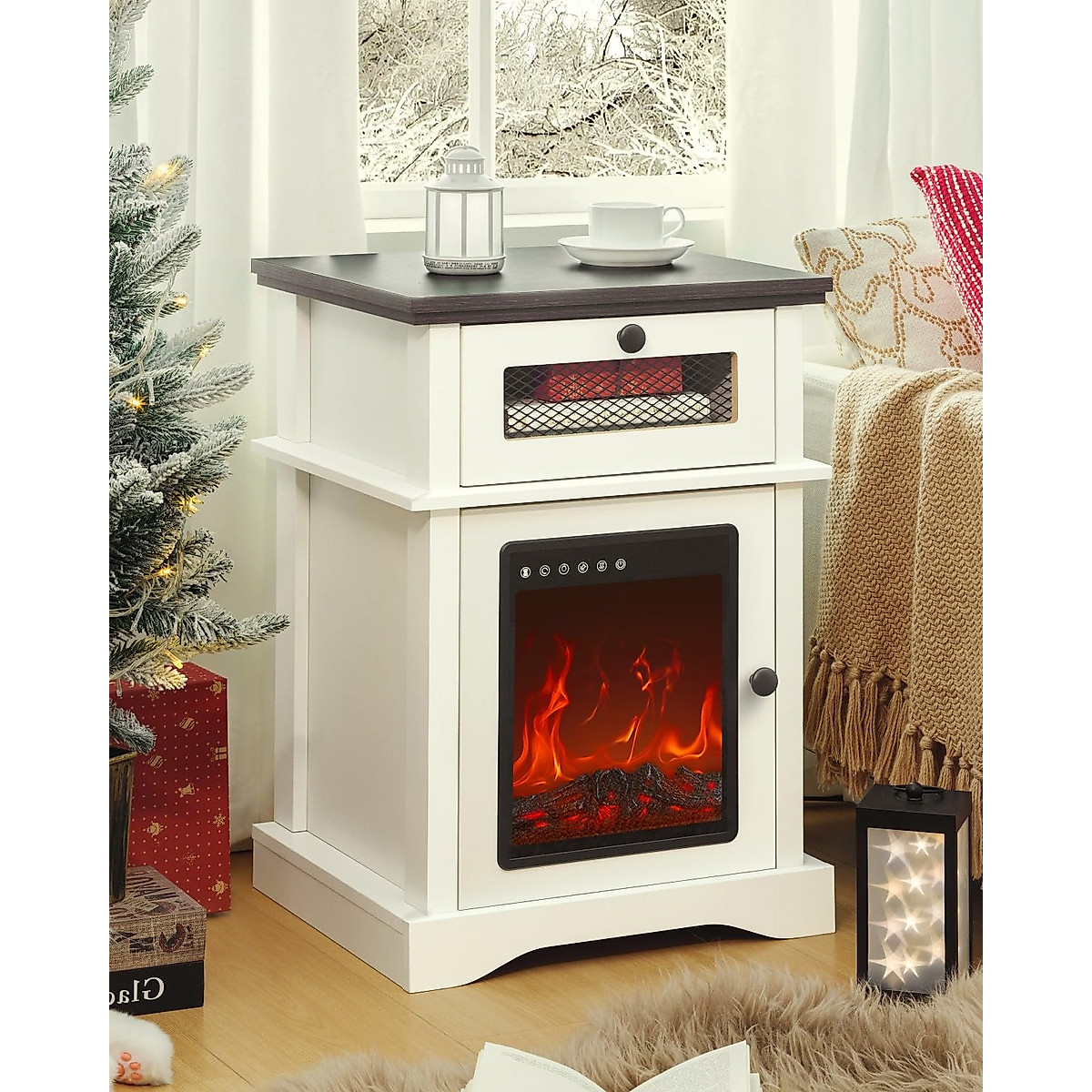 i-aplus White LED Nightstand Farmhouse Night Stand Fireplace Night Stand with Drawer LED Bedside Tables for Bedroom End Table