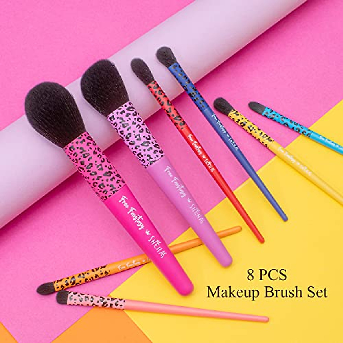 SHE HAS Makeup Brushes Set for Beginners Colorful Makeup Brush Kit Set 8Pcs Cute Make Up Brushes for Girls Premium Synthetic Face Powder Blush Contour Concealer Eyeshadow Leopard Print Makeup Brushes