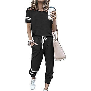 PRETTYGARDEN Women Summer Two Piece Outfits Striped Short Sleeve Pullover and Long Pants Tracksuit Travel Pajama Lounge Set (Black,XX-Large)