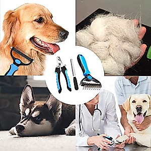 Pet Grooming Tools Set - 1 x 2 sided undercoat rake for dogs and cats , 1 x pet nail clipper, 1 x nail grinder file (blue)