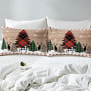Kids Christmas Duvet Cover Set Queen Size,Deer Pine Snowflake Bedding Set,Girls Boys Adults Room/Xmas Cabin Decor,Brown Wooden Plank Comforter Cover,Rustic Farmhouse Quilt Cover,3pcs,2 pillowcases
