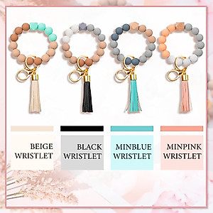 4 Pieces Silicone Key Ring Bracelet Beaded Wrislet Keychain Circle Keychains for Women Round Keychain Bracelet Portable Car Key Holder Stretchy Bangle Keychain with Leather Tassel for Unisex Adults